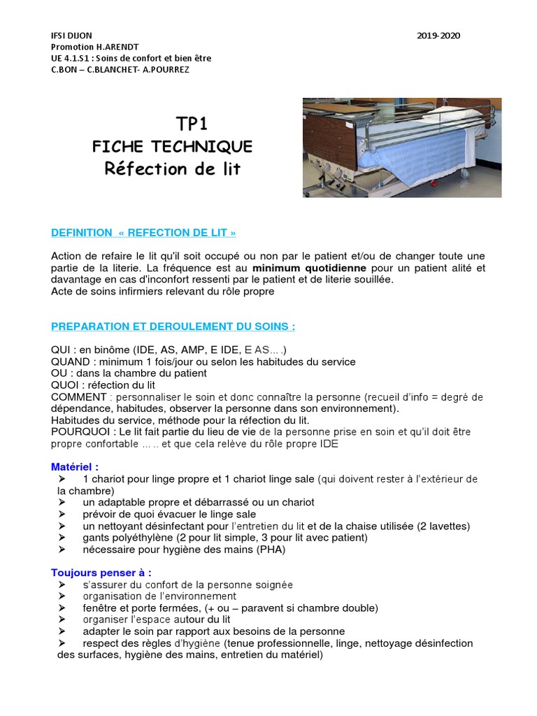TP1 Refection Du Lit Fiche Technique | PDF | Hygiène | Médecine clinique