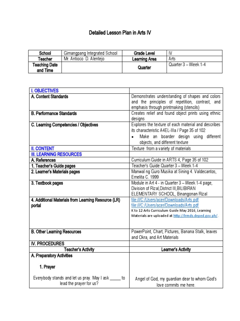 Detailed Lesson Plan in Arts IV | Download Free PDF | Teachers | Learning