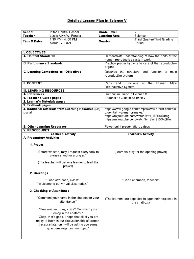 Detailed Lesson Plan in Science V | PDF | Testicle | Reproductive System