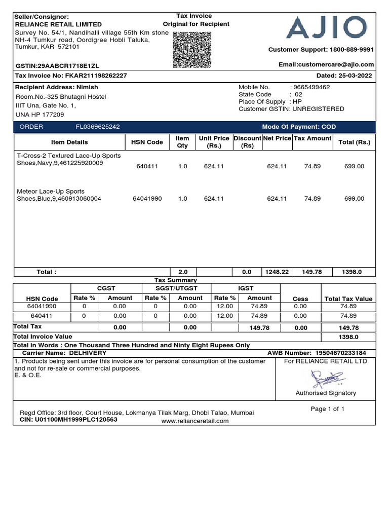 Order FL0369625242: Mode of Payment: COD | PDF | Invoice | Trade