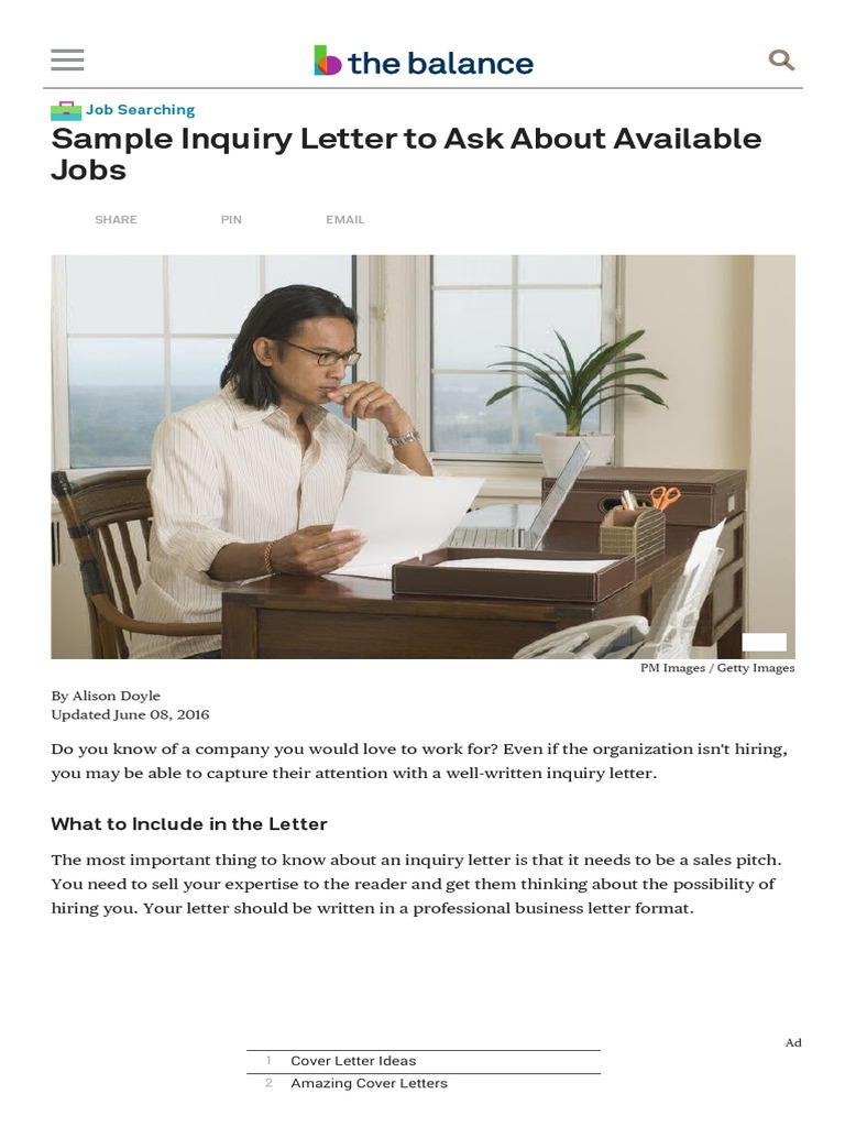 00 00 00 Sample Inquiry Letter To Ask About Available Jobs | PDF ...