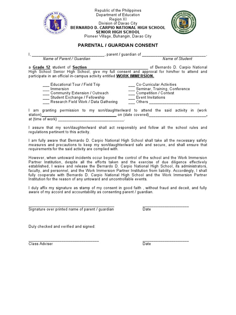 Parental / Guardian Consent: Bernardo D. Carpio National High School ...