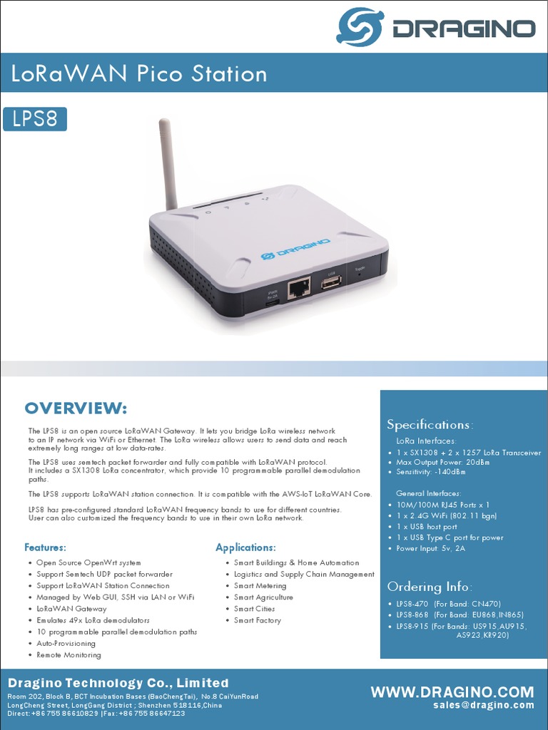Datasheet - LPS8 - LoRaWAN Pico Station | PDF | Wi Fi | Computer Network