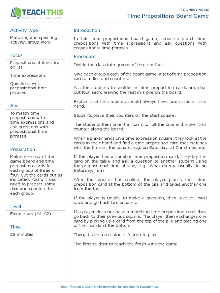 Time Prepositions Board Game: Activity Type | PDF | Workweek And Weekend