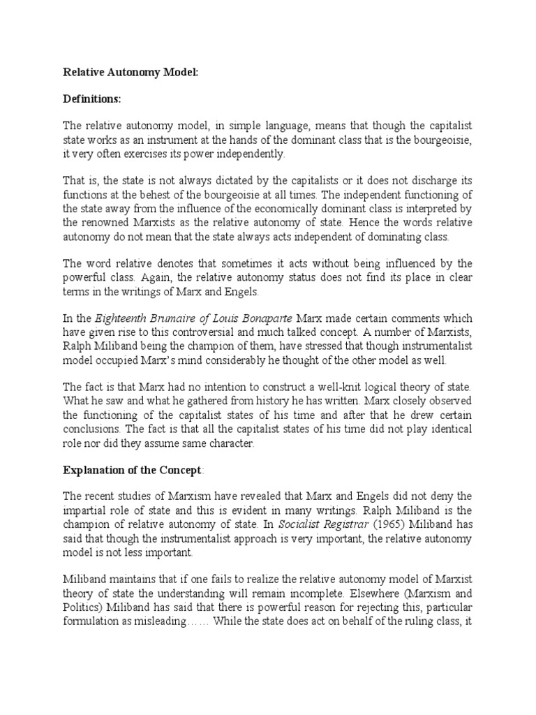 Relative Autonomy Model: Definitions | PDF | State (Polity) | Marxism