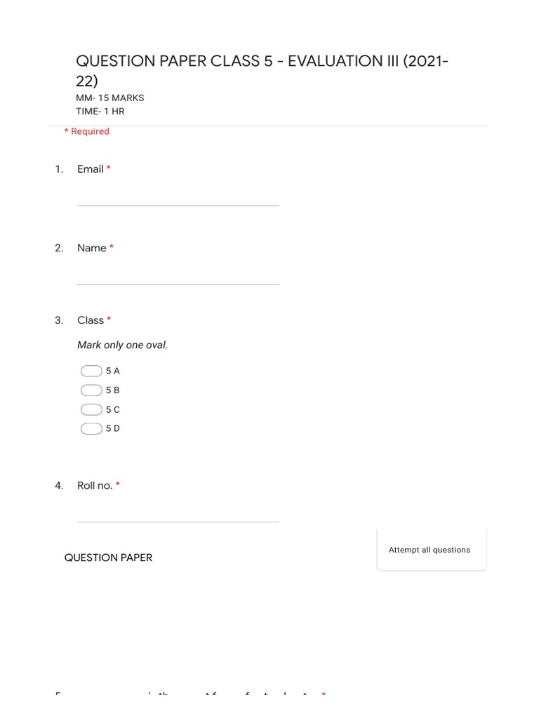 Class 5 Evaluation III Question Paper | PDF