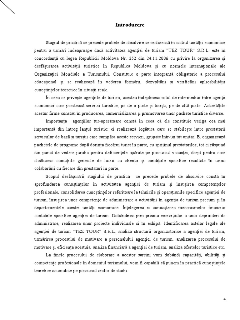 Raport Al Stagiului de Practică, Entitatea "TEZ TOUR" | PDF