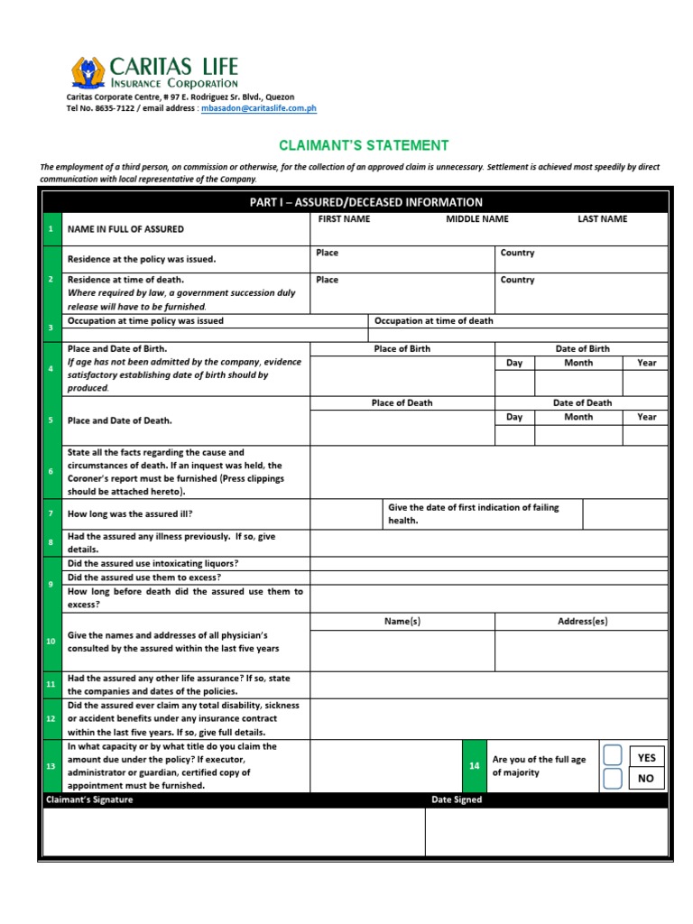 Claimant's Statement Form | PDF | Insurance | Life Insurance