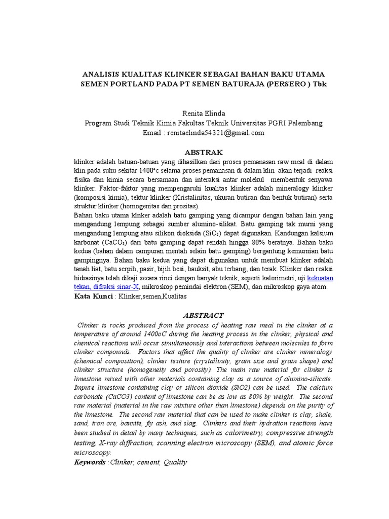 Analisis Kualitas Klinker Sebagai Bahan Baku Utama Semen Portland Pada PT Semen Baturaja ...