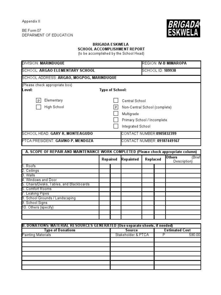 Brigada Eskwela Form 07 | PDF | Desk | Building Materials