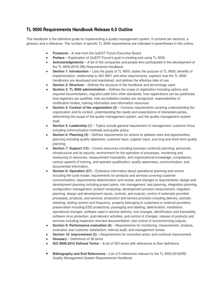 TL 9000 Requirements Handbook Release 6.0 Outline | PDF | Quality Management System | Quality ...