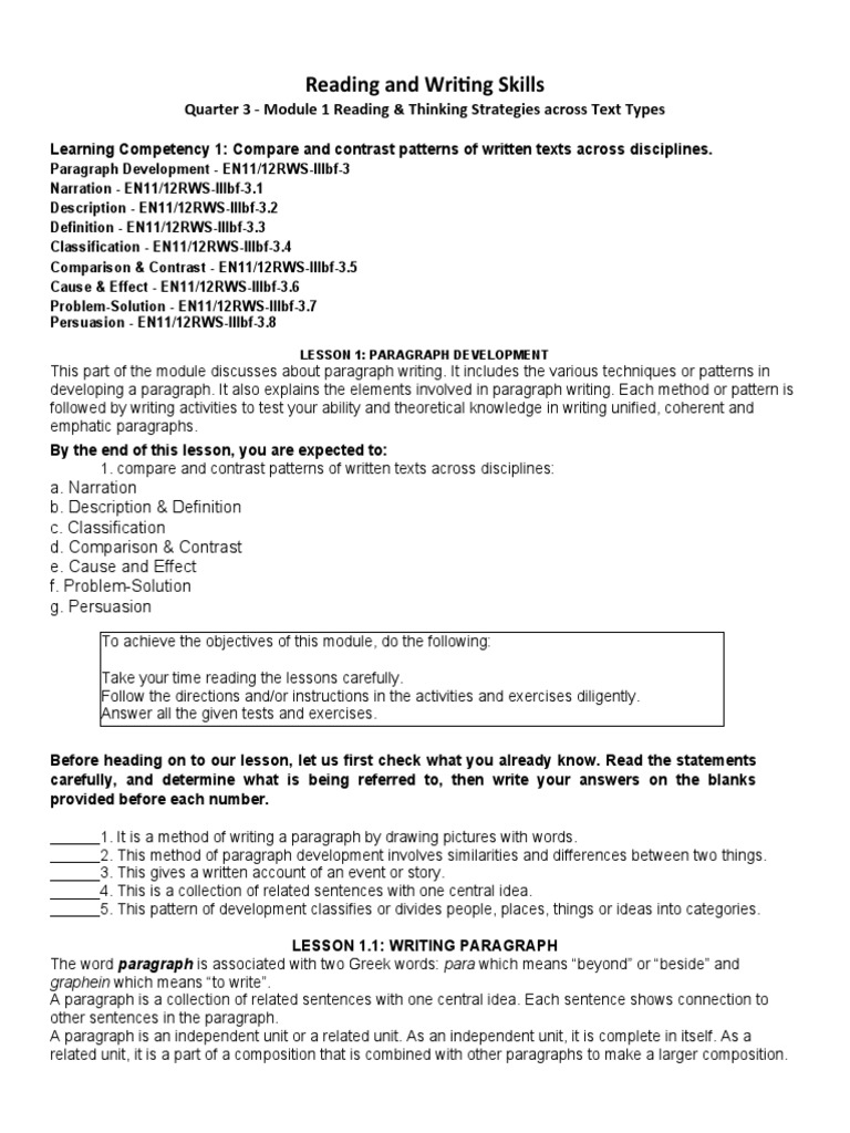 Reading and Writing Week 3 4 | PDF