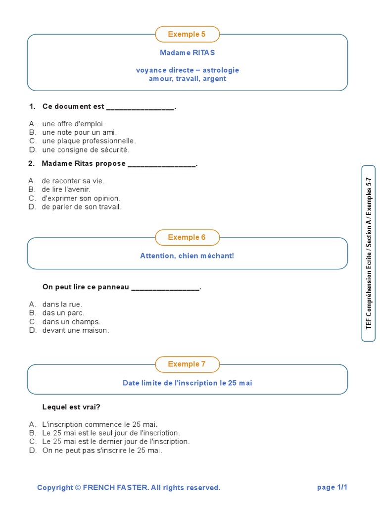 TEF Comprehension Ecrite Section A Ex 5 7 | PDF