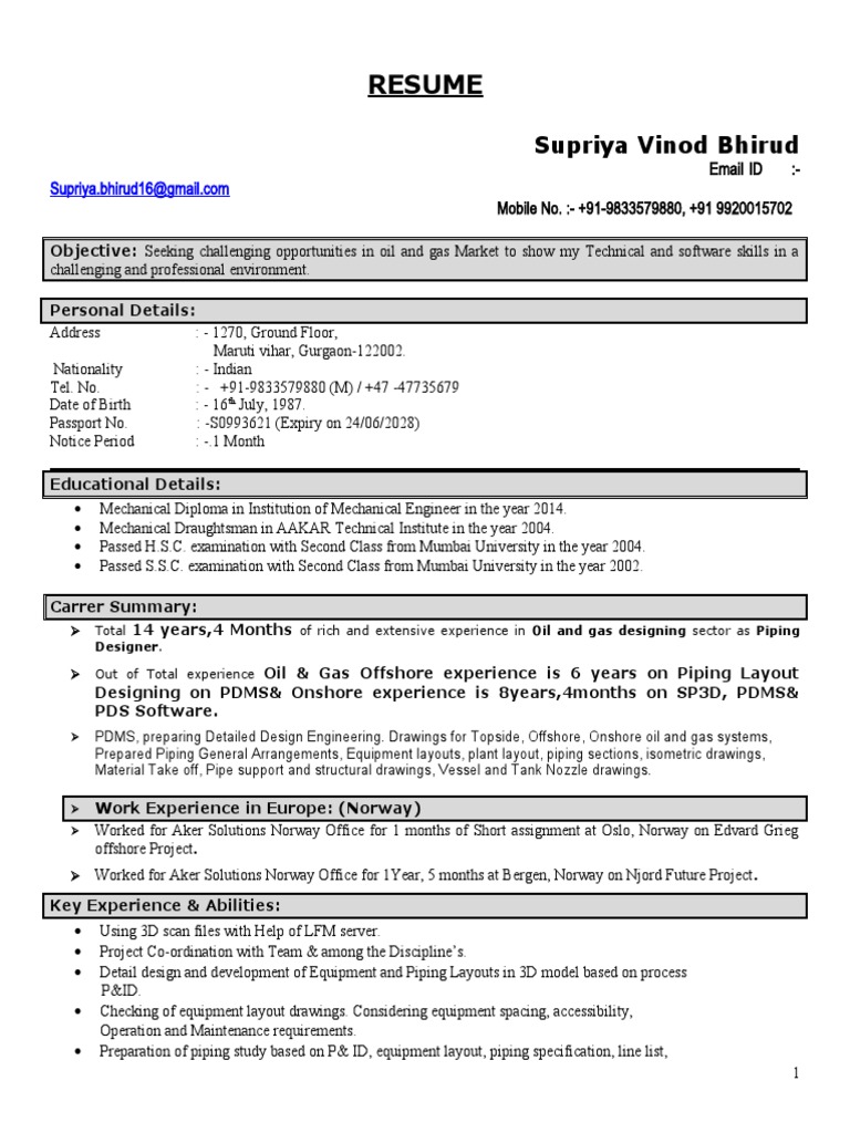 Supriya Vinod Bhirud Resume | PDF | Technical Drawing | Engineering