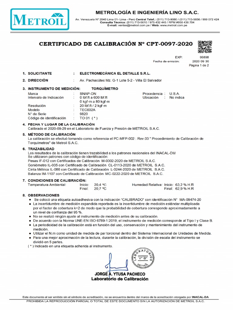 Cert Cal de Torquimetro - Metroil | PDF