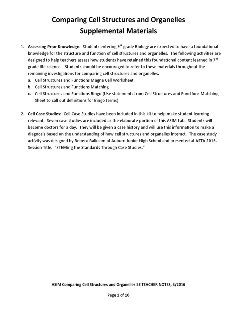 Comparing Cell Structures and Organelles Supplemental Sheets 1 | PDF