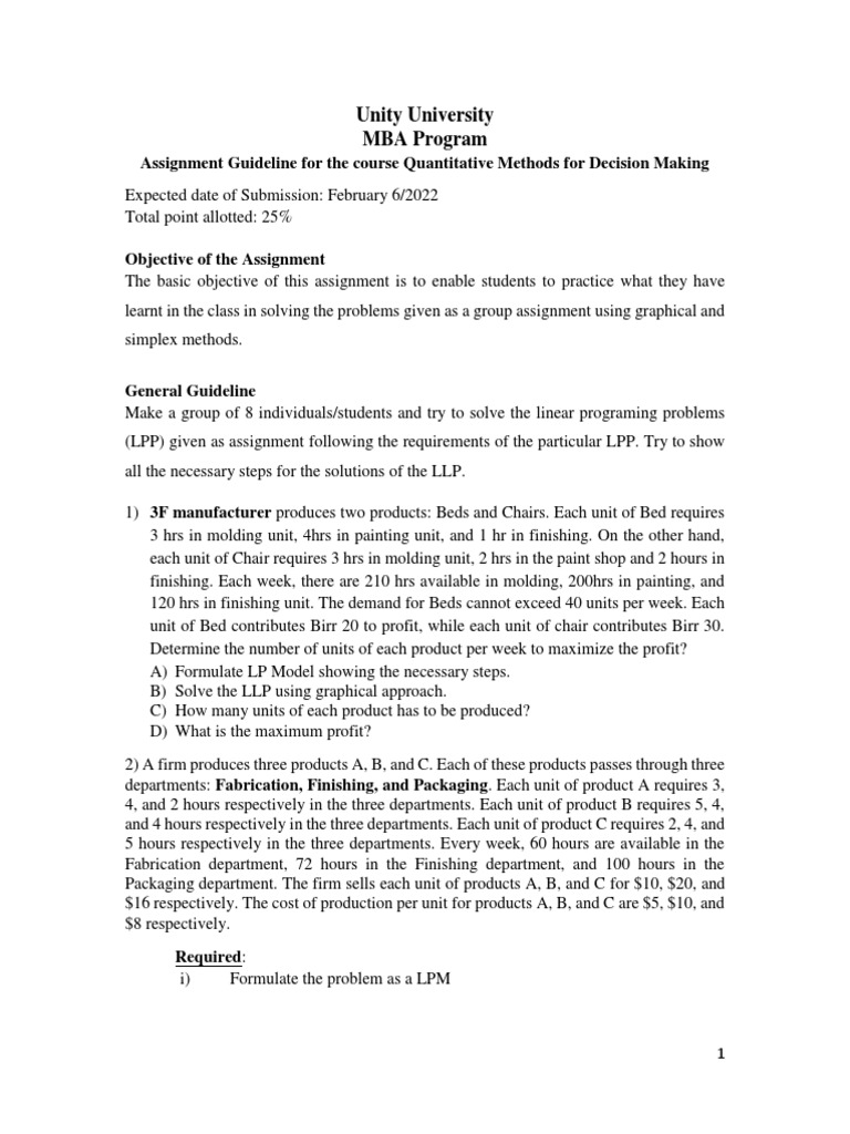 Unity University MBA Program Assignment Guideline For The Course