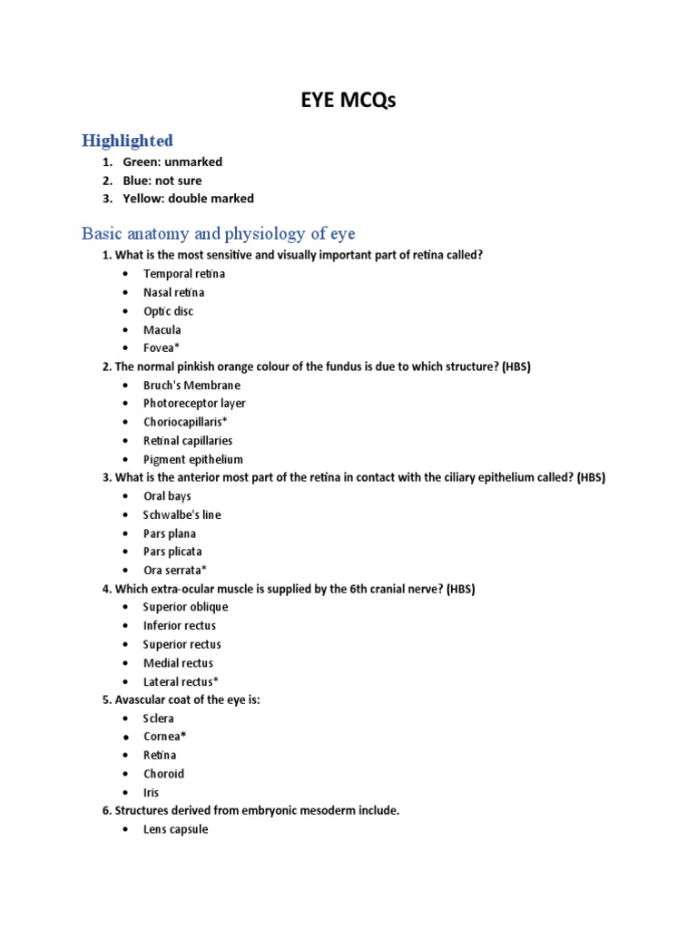 Eye Anatomy and MCQs Overview | PDF | Cornea | Retina