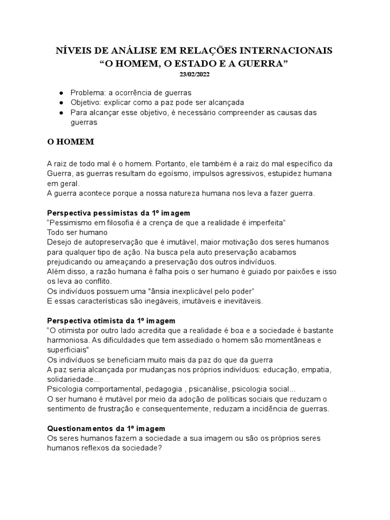 Níveis de Análise em Relações Internacionais | PDF | Ciências Sociais