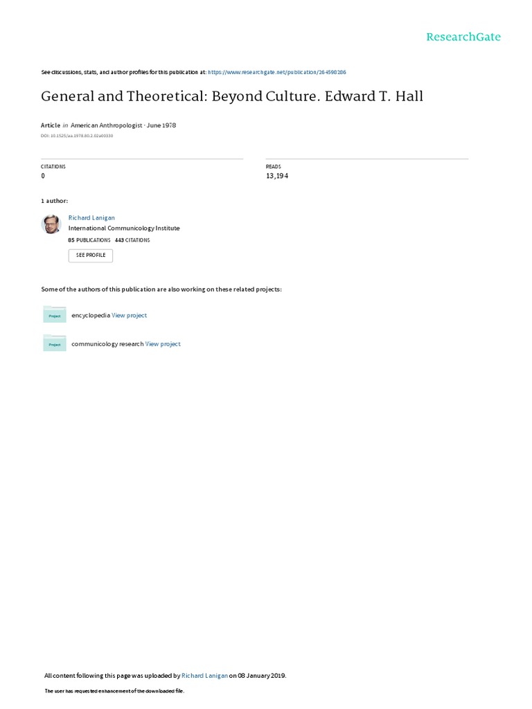General and Theoretical: Beyond Culture. Edward T. Hall: American ...