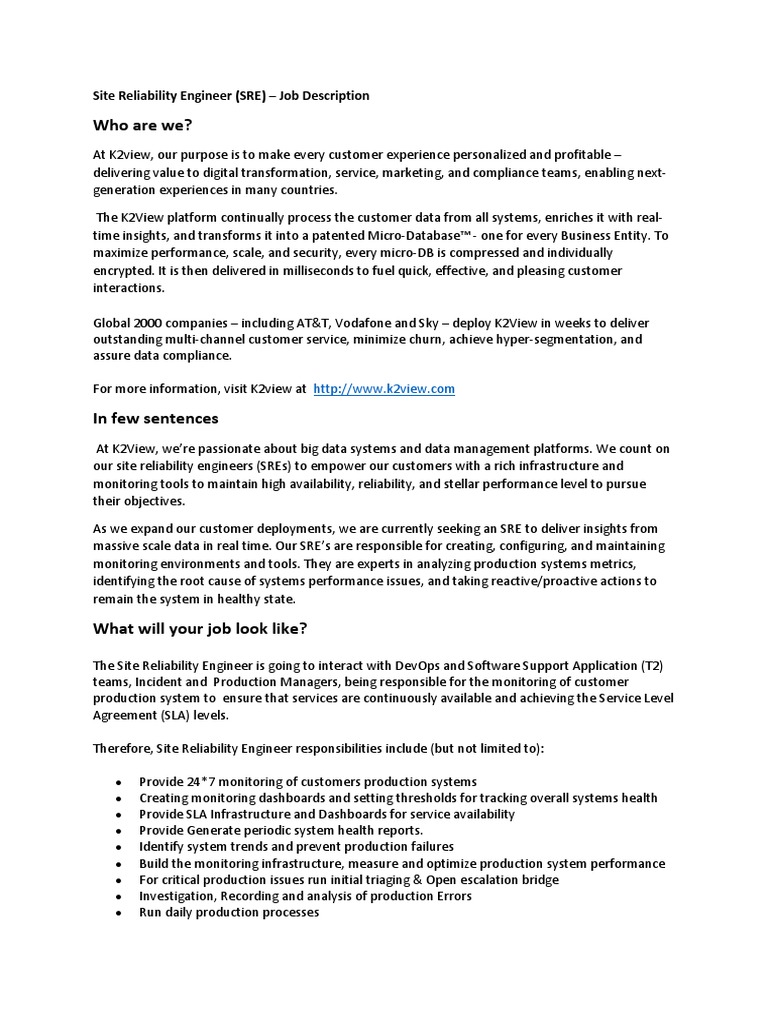 Site Reliability Engineer (SRE) v1 | PDF | Reliability Engineering ...