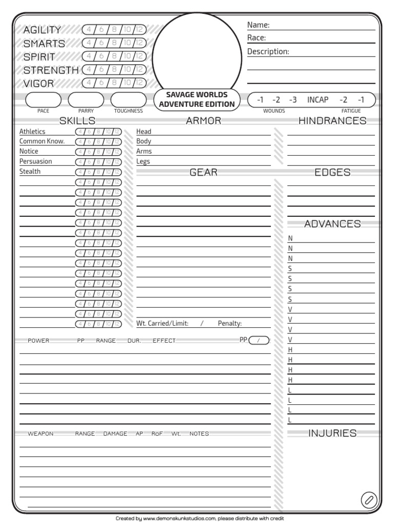 Savage Worlds Adventure Edition Character Sheet | PDF