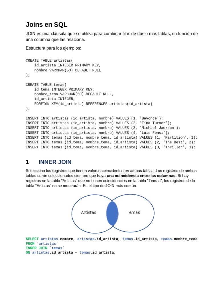 Cláusulas Join SQL Con Ejemplos | Descargar gratis PDF | SQL | Bases de ...