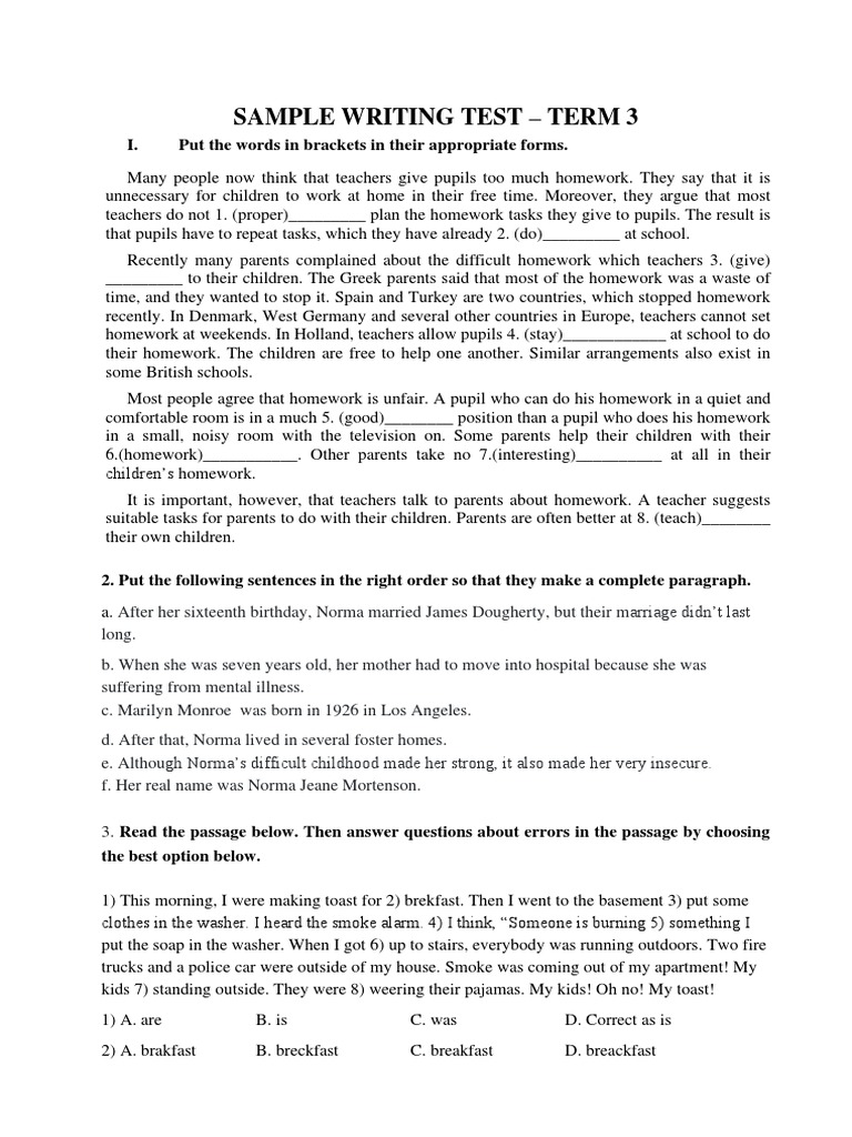 Sample Writing Test - Term 3 | PDF | Language Arts & Discipline ...