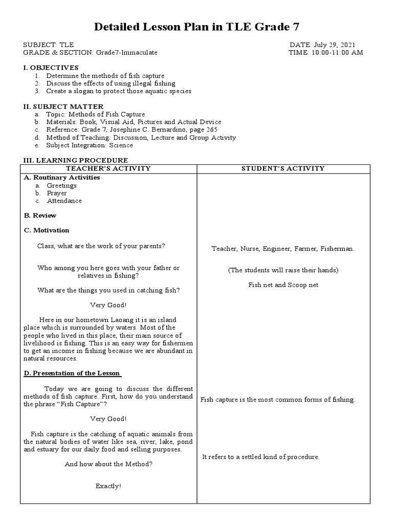 Detailed Lesson Plan in TLE Grade 7 | PDF | Lesson Plan | Fisherman