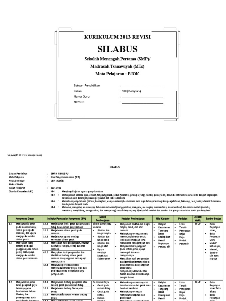 Silabus IPA Kelas 8 (8 Kolom) Semester Ganjil 2021 | PDF | Sains & Matematika