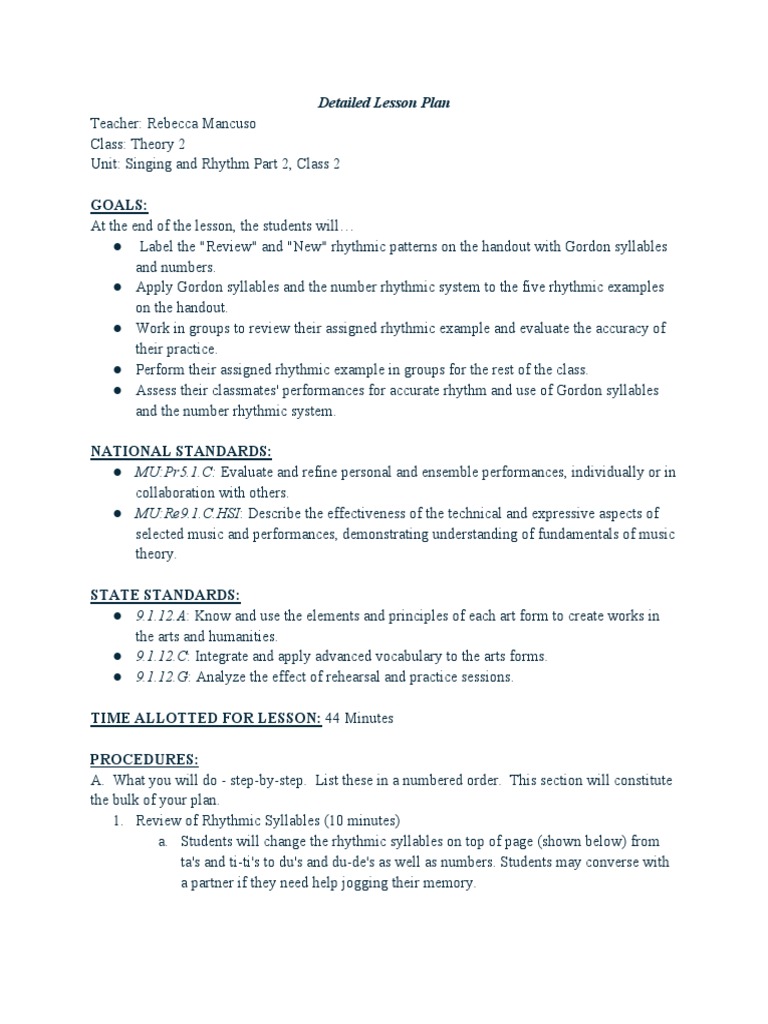 Singing and Rhythm Detailed Lesson Plan | PDF | Language Arts & Discipline