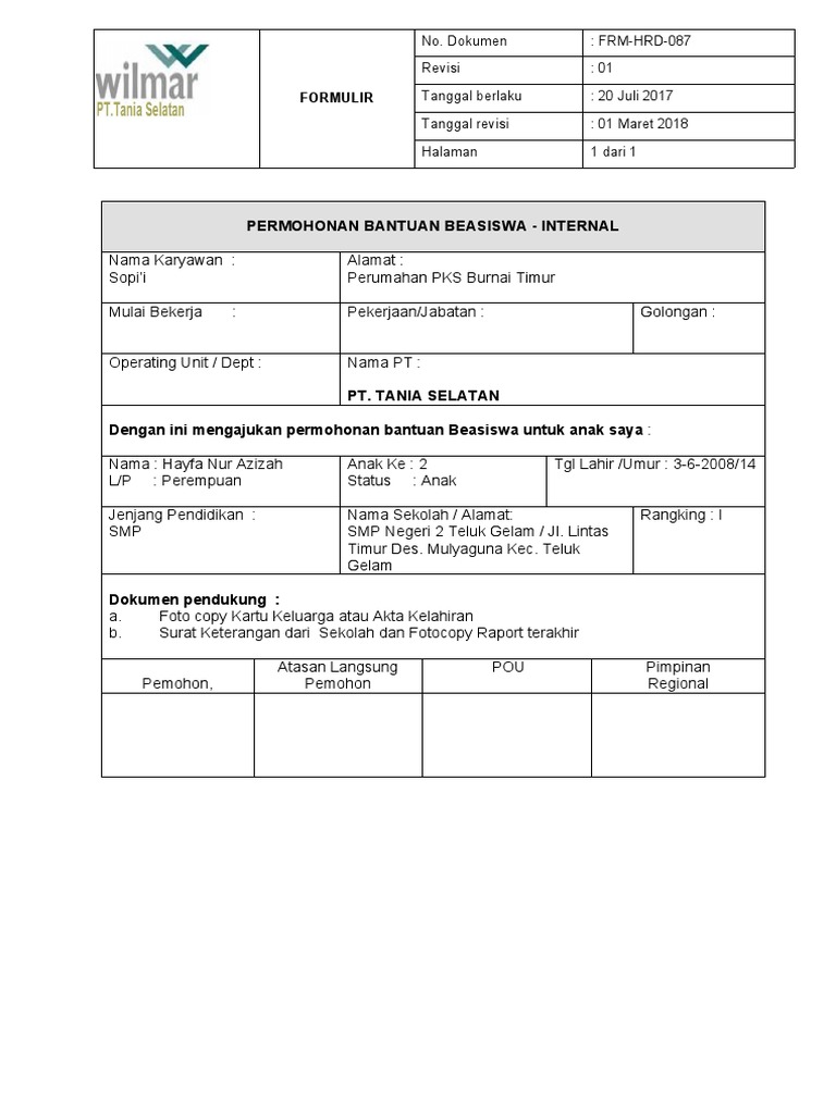 (FRM-HRD-087) Form Permohonan Beasiswa - Int Rev 1 | PDF