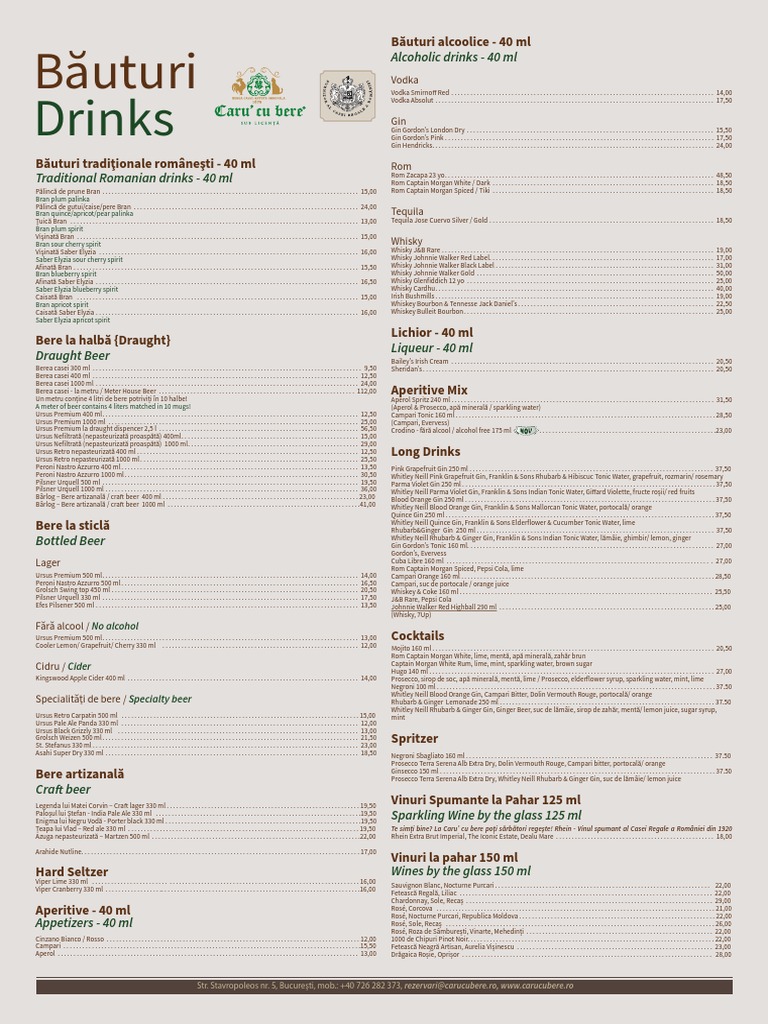 Meniu Bauturi Caru Cu Bere Restaurant | PDF
