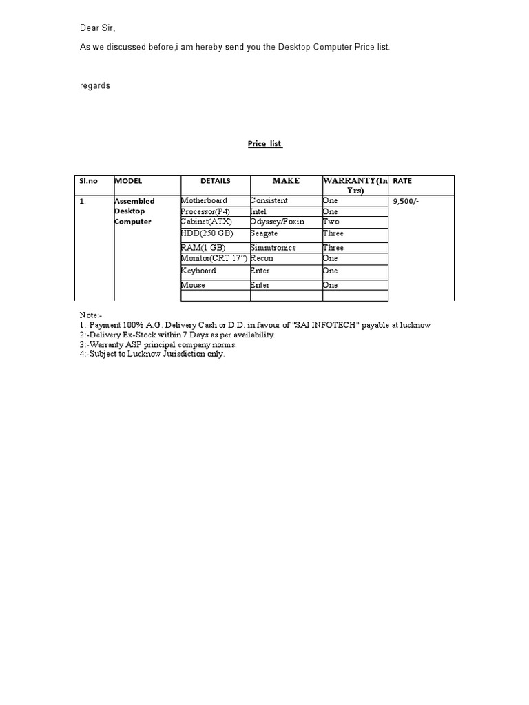 Desktop Computer Price List - SAI INFOTECH | PDF