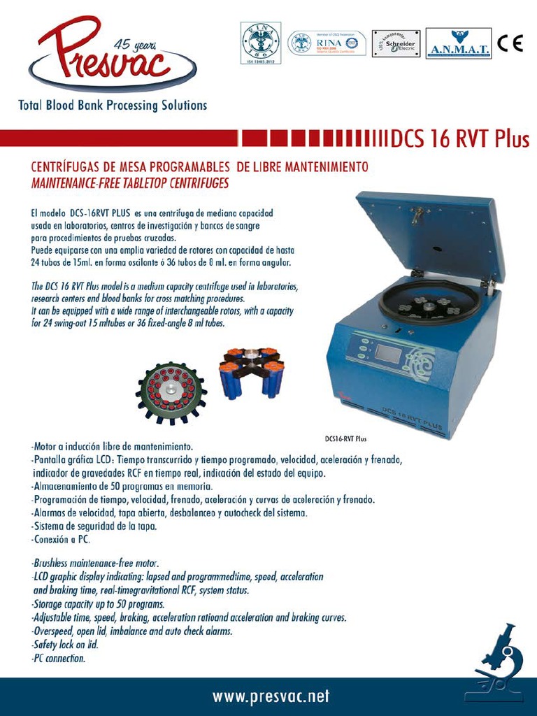 Ficha Tecnica - Centrifuga DCS 16 RVT Plus | PDF