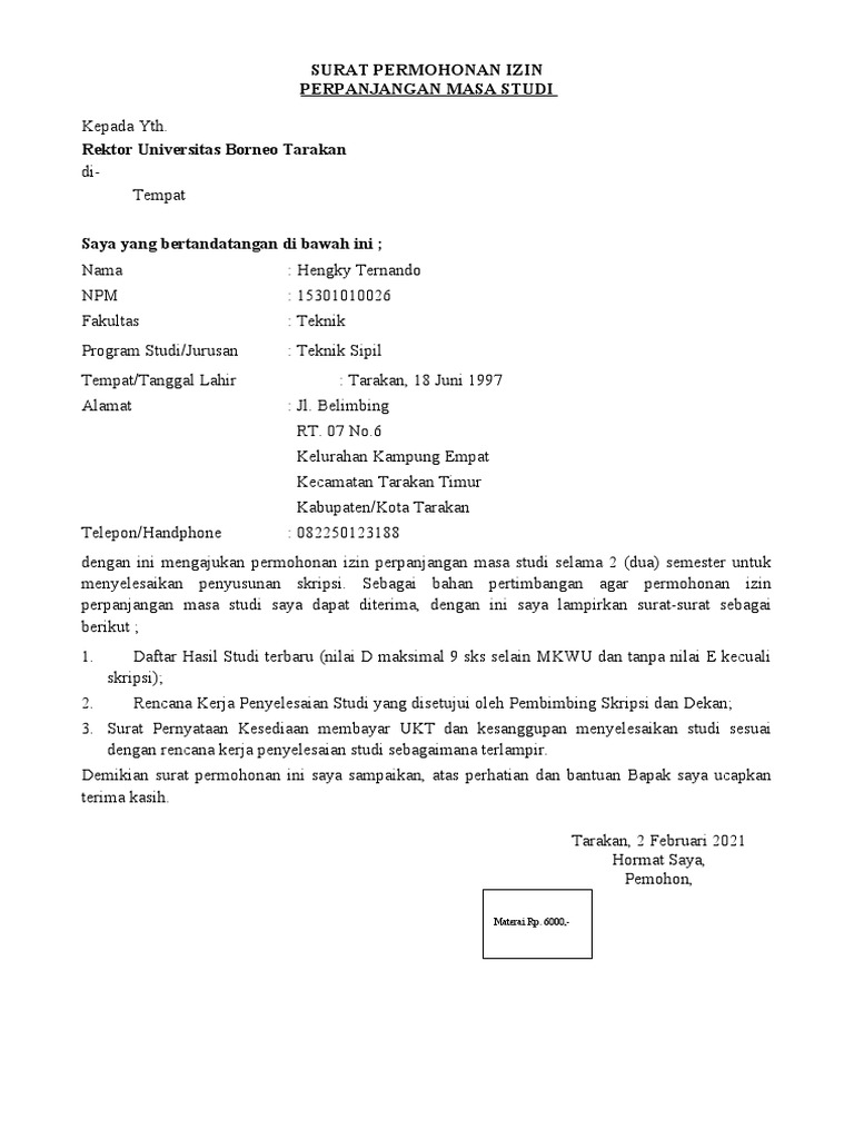 Surat Permohonan Perpanjangan Masa Studi | PDF