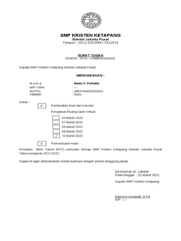 Surat Tugas Pemb Soal, Ngawas, Koreksi | PDF