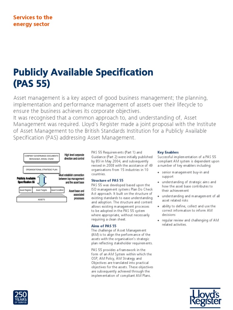 PAS 55 Factsheet | Specification (Technical Standard) | Risk Management