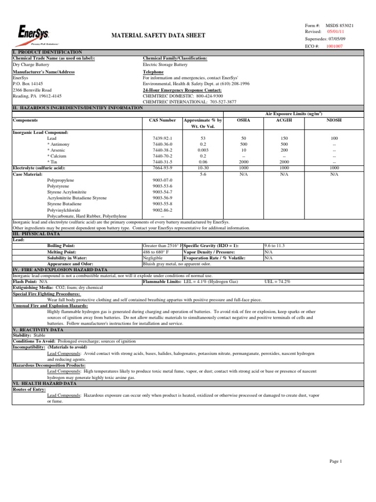 MSDS 853021 Dry Charge Battery | Hazardous Waste | Dangerous Goods