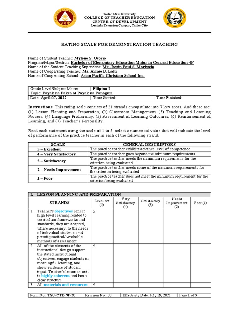 Rating Scale For Demonstration Teaching: Filipino I | PDF | Teachers ...