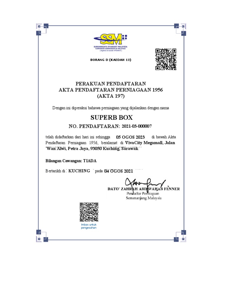 Template Sijil Perakuan Pendaftaran Perniagaan (Borang D) | PDF