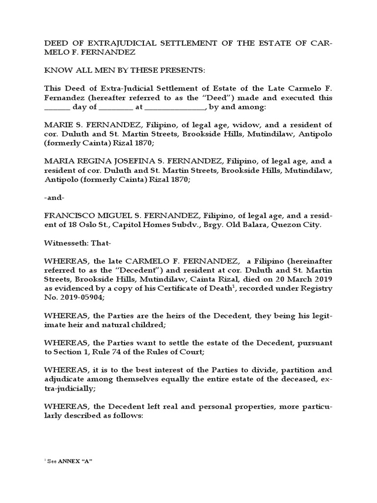Deed of Extrajudicial Settlement Sample | PDF | Banking | Property