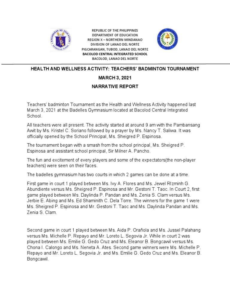 Narrative Report Health and Wellness | PDF