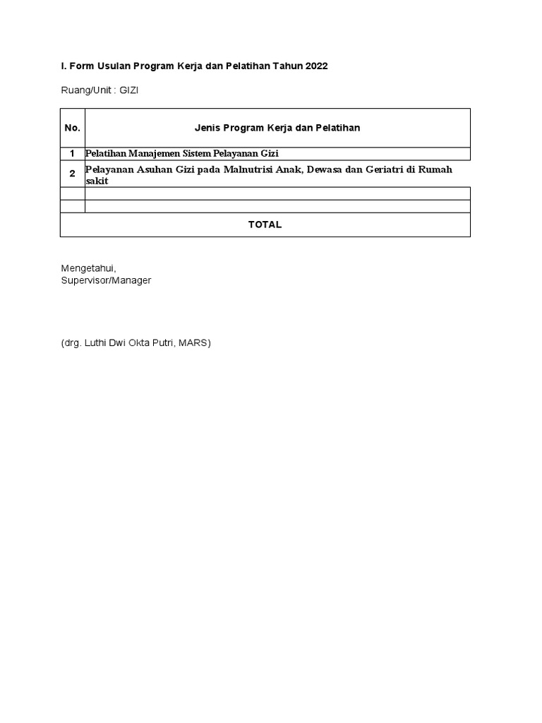 Form Program Kerja Dan Rab Gizi 2022 | PDF
