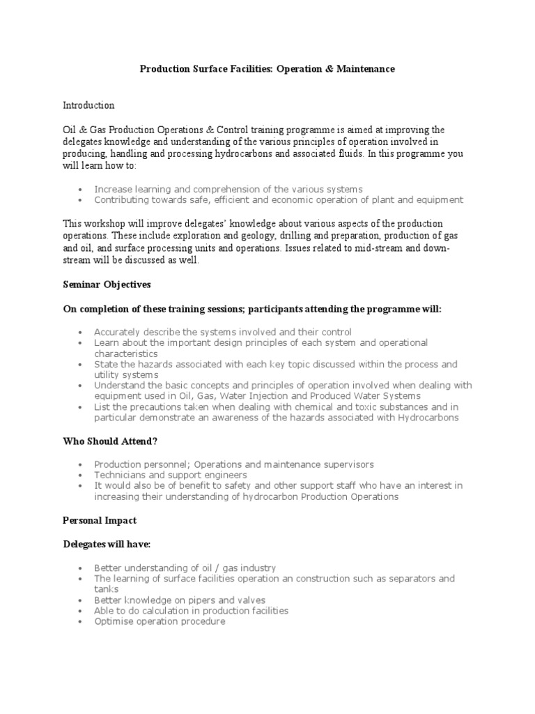 Production Surface Facilities Operation & Maintenance | PDF | Gases ...