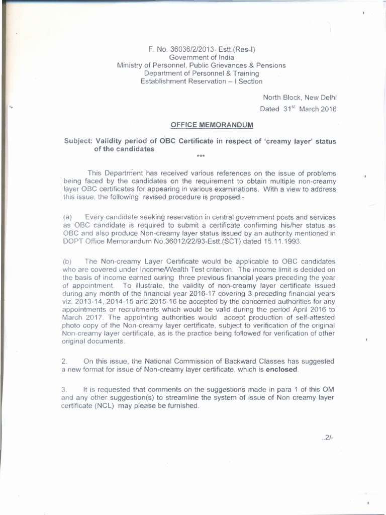 Validity of OBC Certificate | PDF | Government | Social Inequality