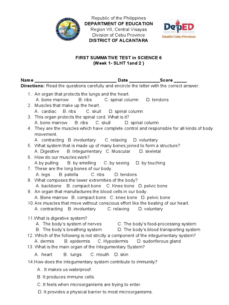1ST Summative Test in Science 6 Q2 | PDF | Skin | Integumentary System