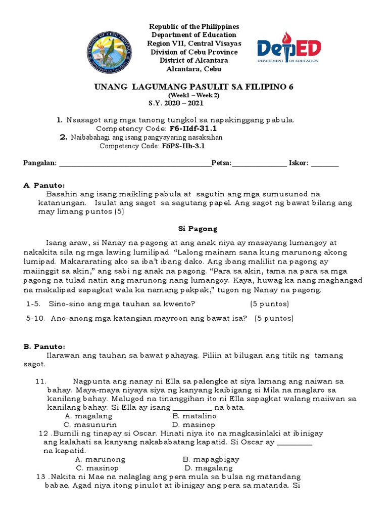 1ST Summative Test in Filipino 6 | PDF