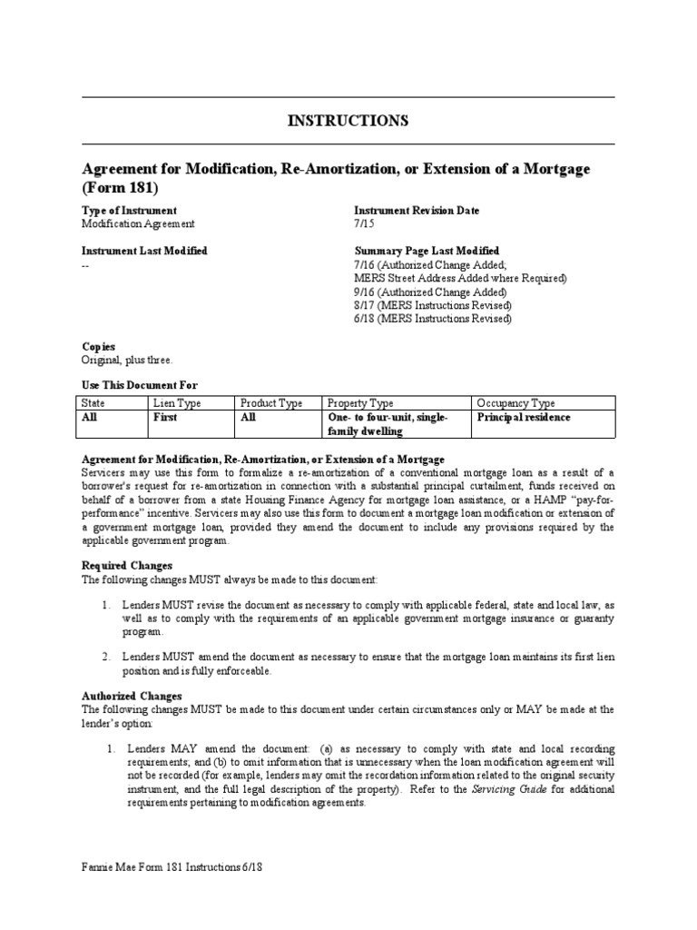 Instructions Agreement For Modification, Re-Amortization, or Extension ...