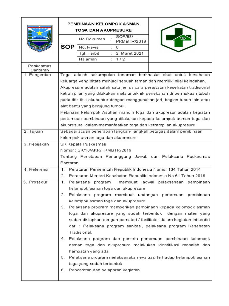 SOP PEMBINAAN Asman Toga Dan Akupresure BARUU | PDF